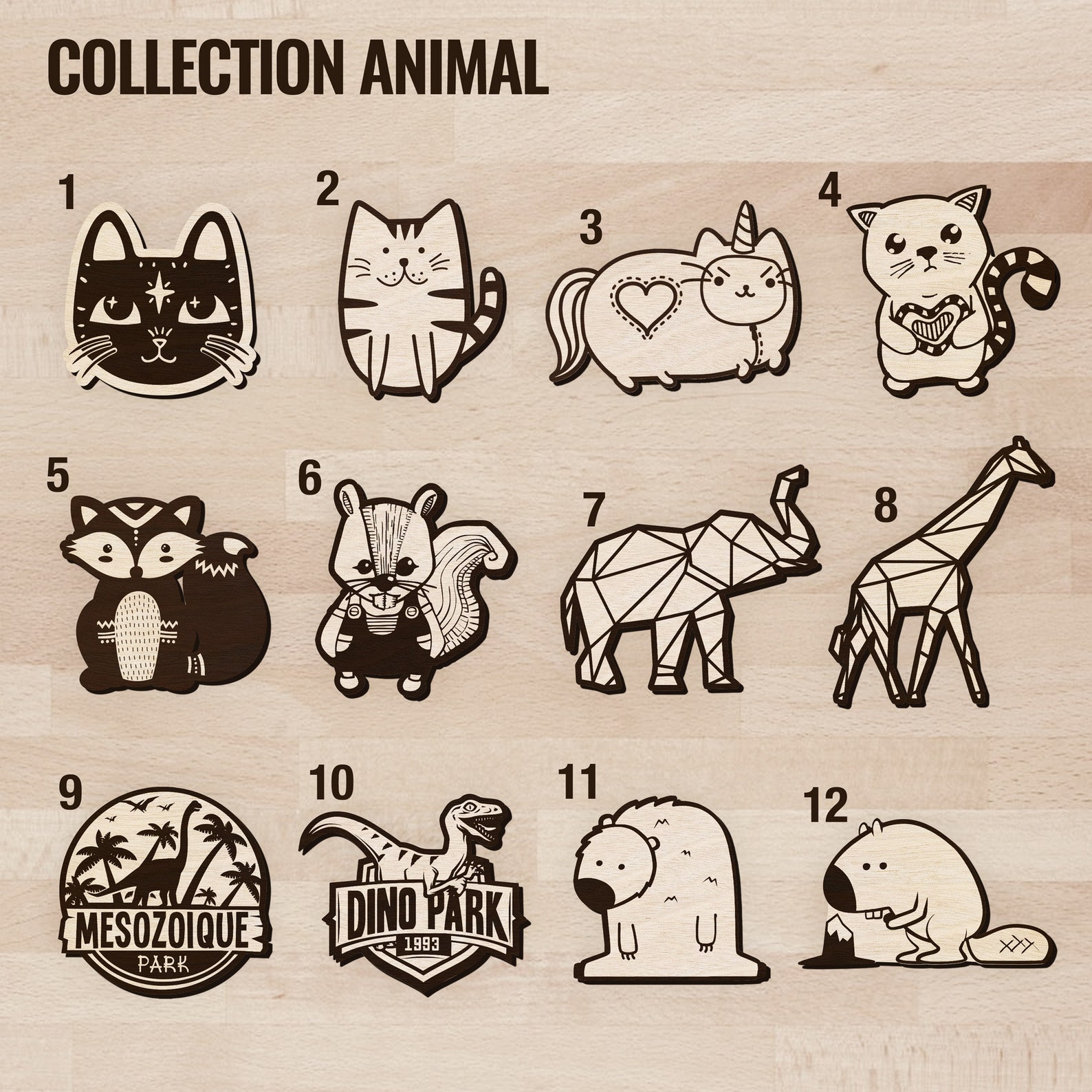 Animal Theme Wooden Badge / Pin's Animals / Cat, Fox, Bear, Elephant ...