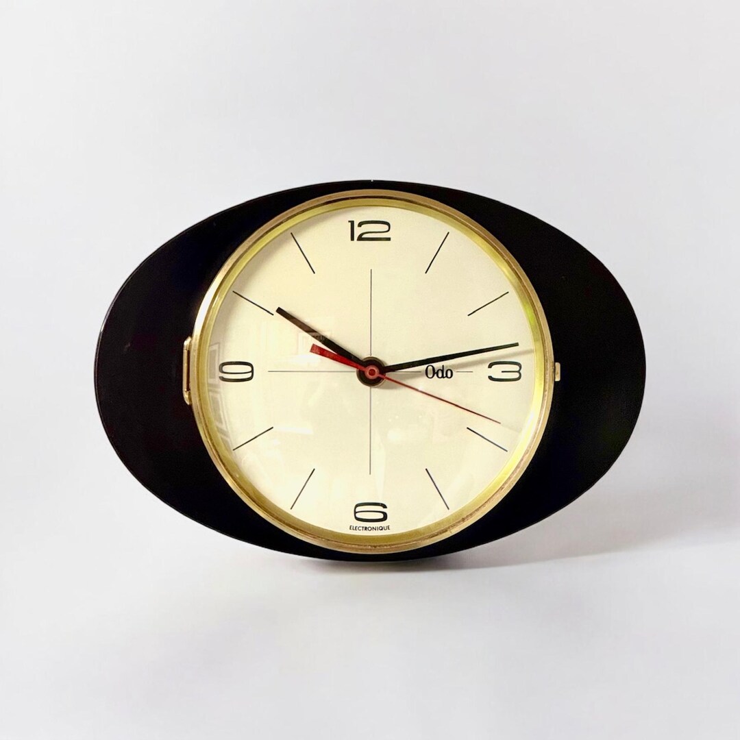 Vintage ODO Wall Clock: Black Formica & Brass, Mid-century Modern - Etsy