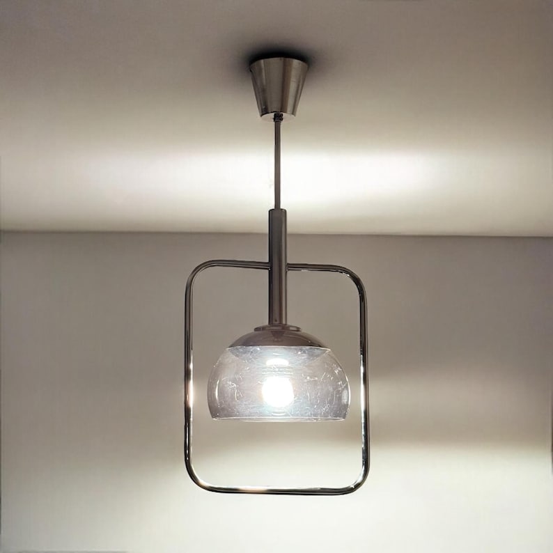 70s Italian Design Pendant Lamp in Chrome Metal and Smoked Plexiglass ...
