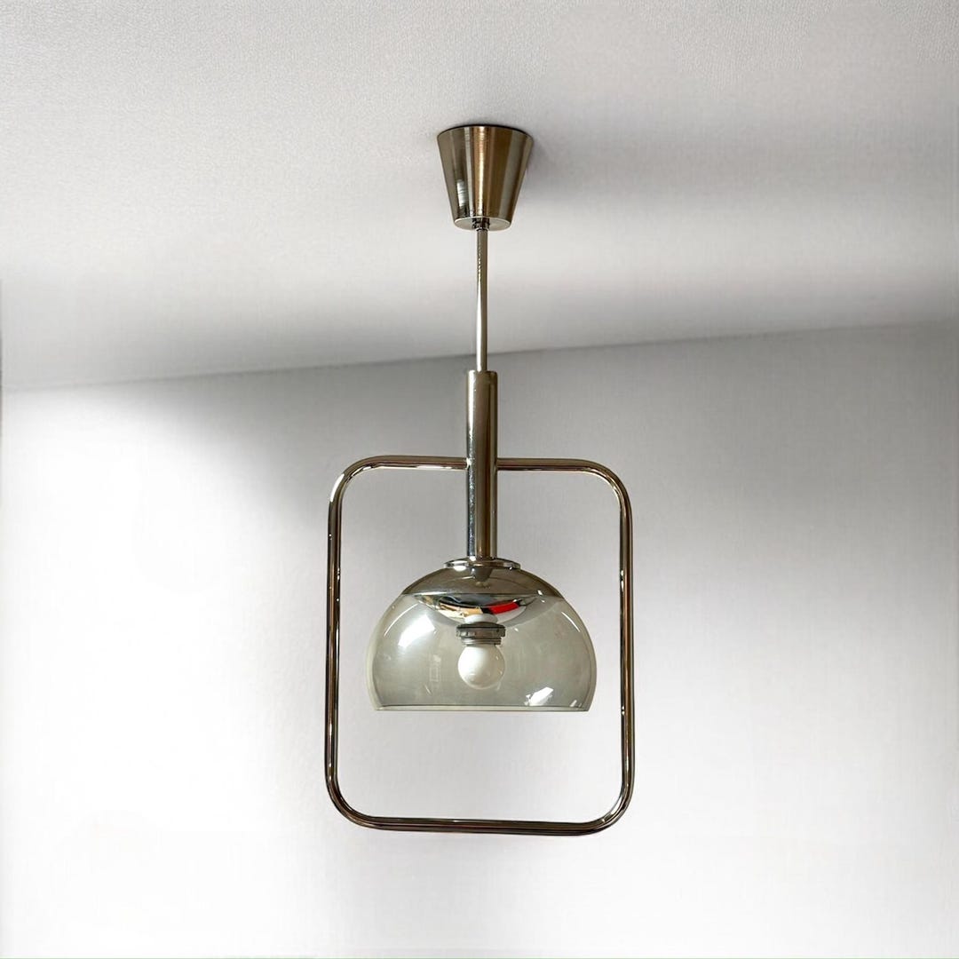 70s Italian Design Pendant Lamp in Chrome Metal and Smoked Plexiglass ...