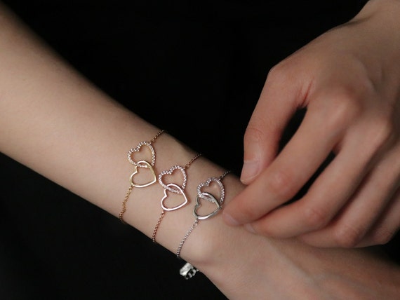 Silver Sister Bracelet Set 18K Gold Personalised CZ Pave Sis Gift Gold Double Love Heart Duo Bracelet Waterproof Minimalist Jewellery
