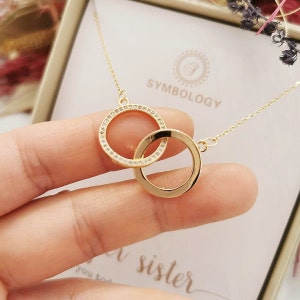 Gold Sister Gift Interlinking Charm Necklace Super Sister CZ Pave Double Circle Necklace Bestie Gift Little Sister Big Sister Gift for Her
