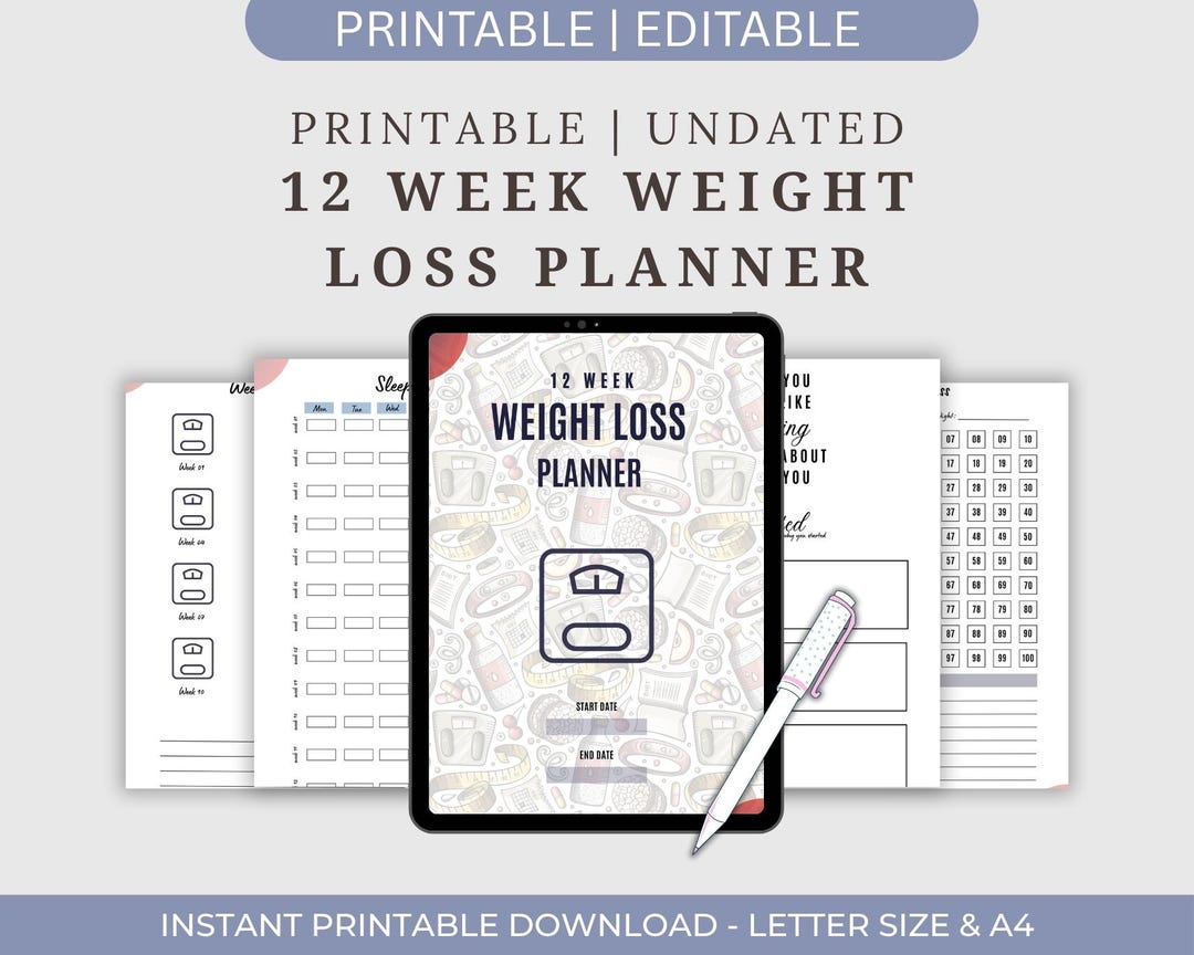 12 Week Weight Loss Planner Printable, Fitness Journal Tracker, Health ...