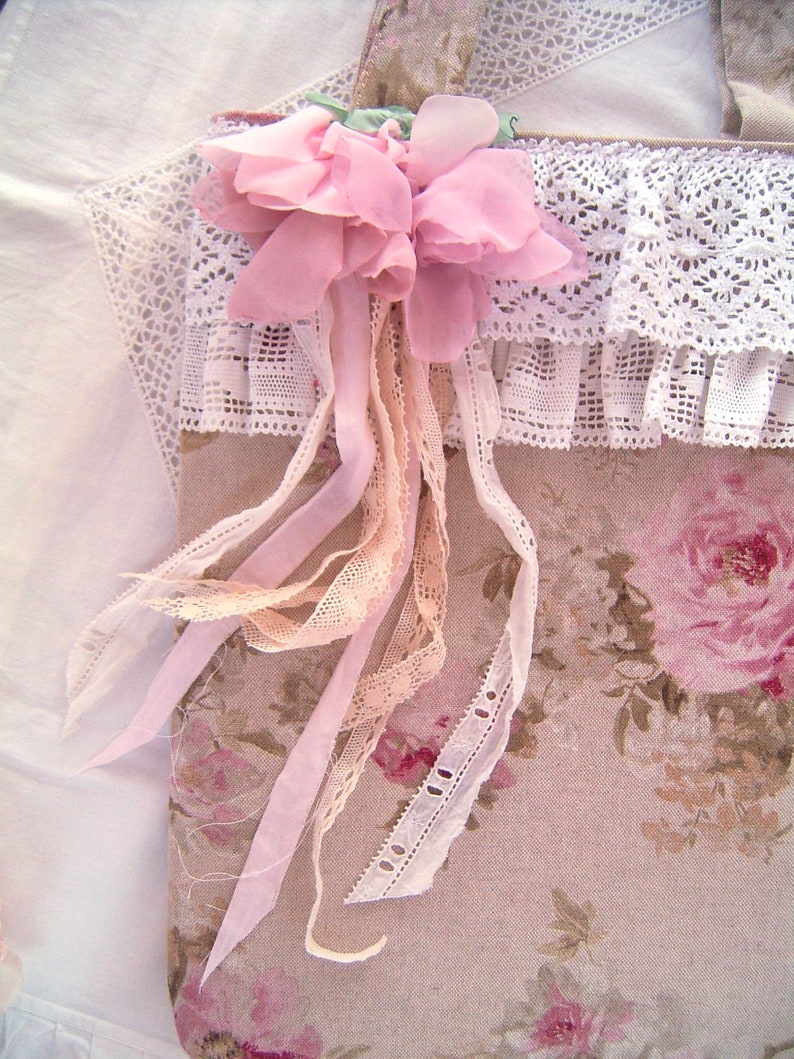 Shabby Chic Pink Roses Tote Bag With Beautiful Vintage Lace and Rose - Etsy