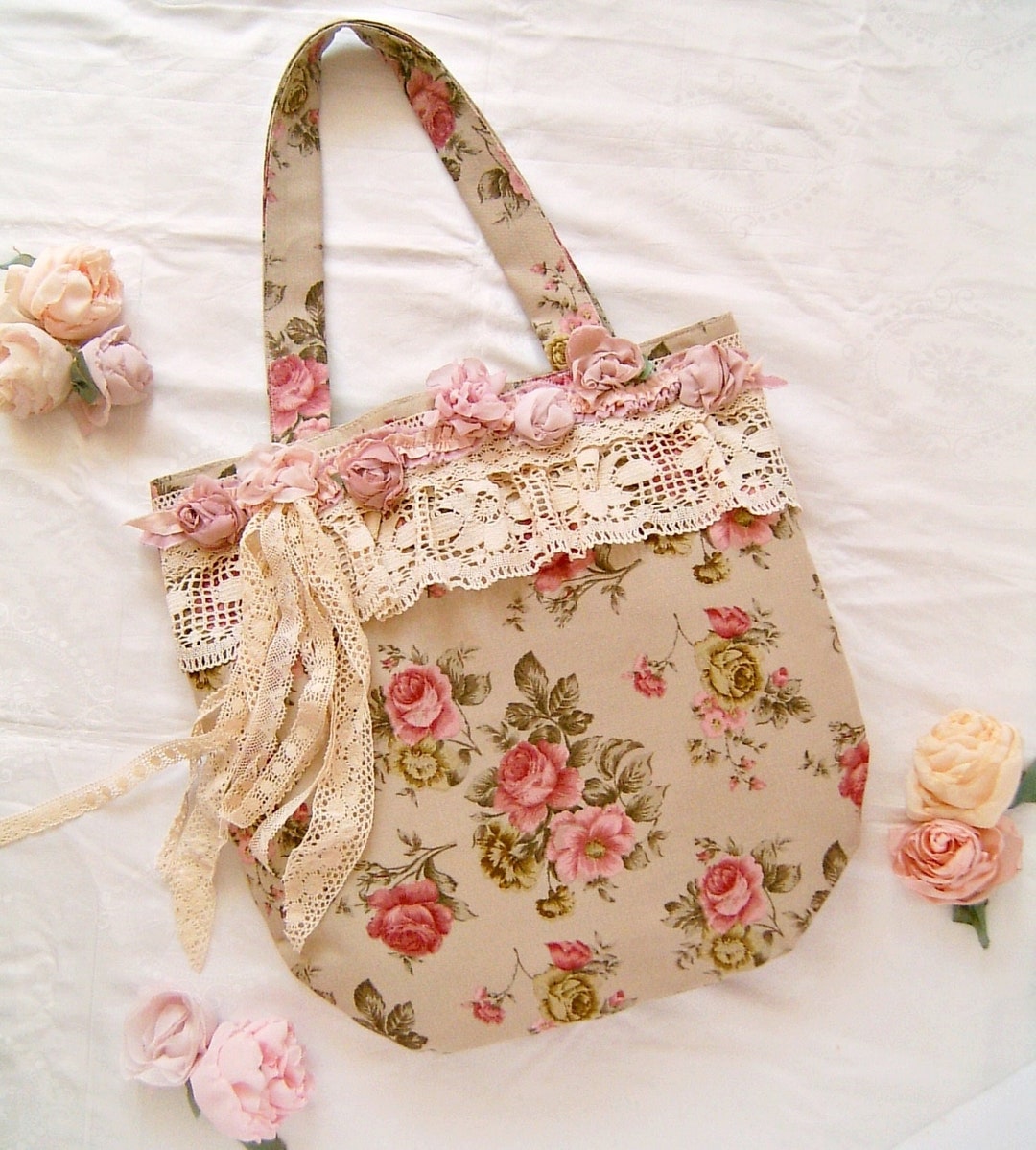 Shabby Chic Pink Roses Tote Bag With Beautiful Vintage Lace - Etsy
