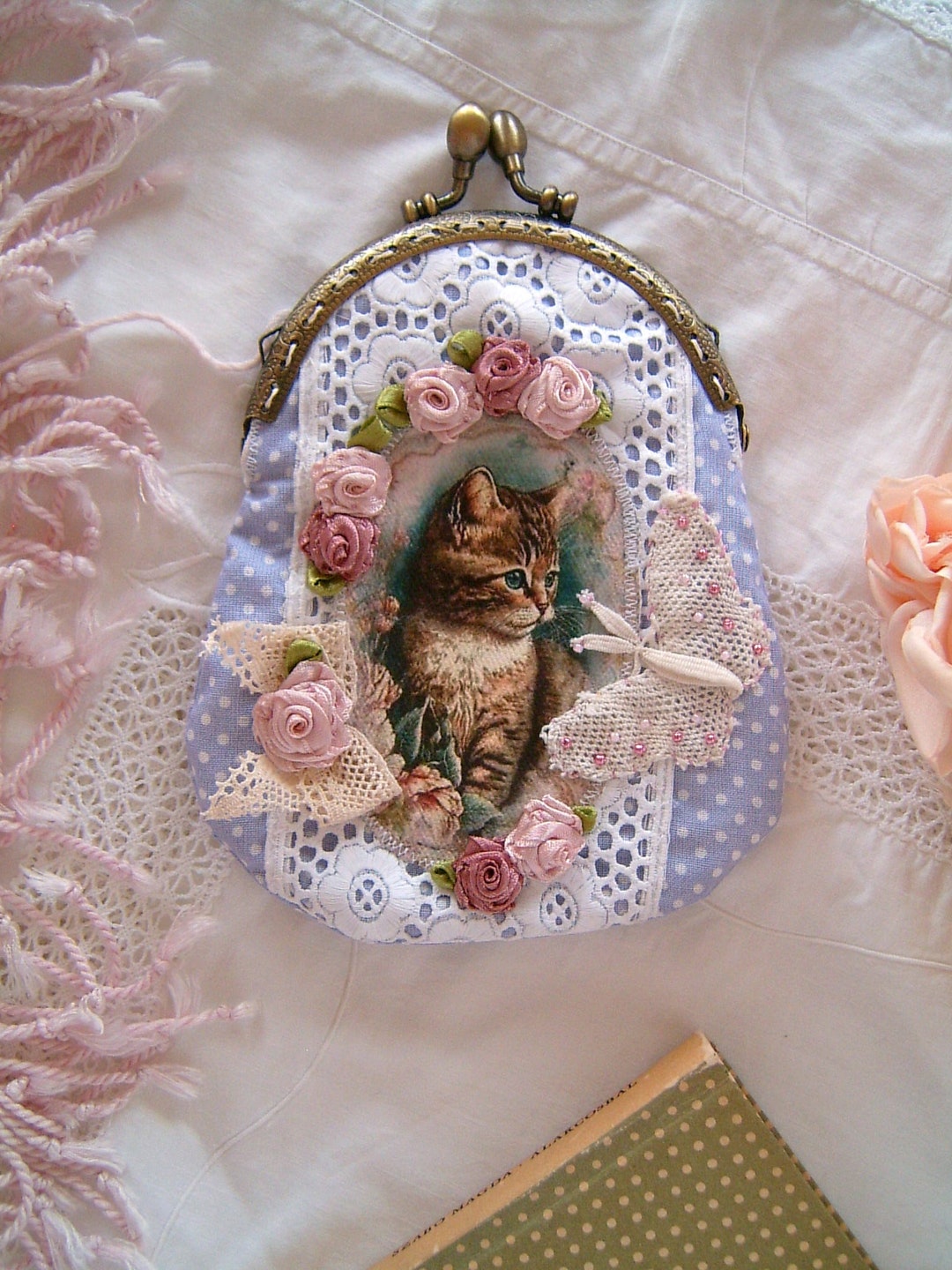 Cat Purse Shabby Chic Purse Vintage Purse Handmade Purse Rose Purse ...