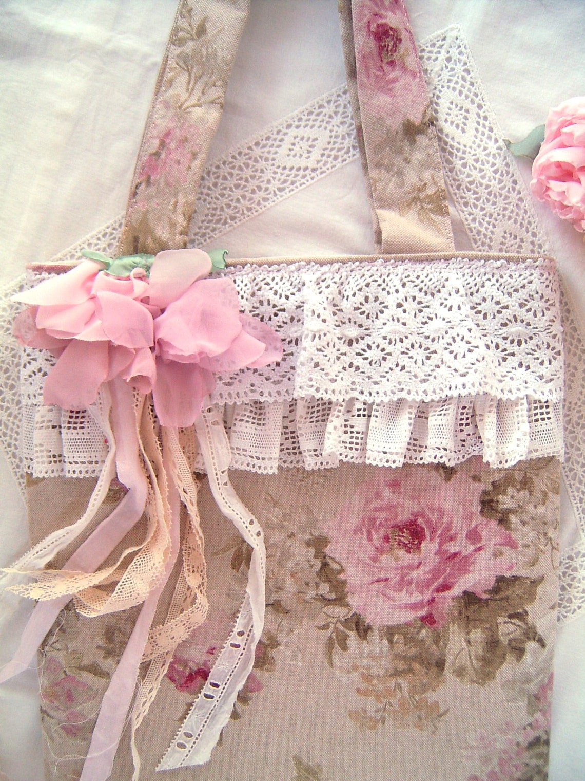 Shabby Chic Pink Roses Tote Bag With Beautiful Vintage Lace and Rose - Etsy