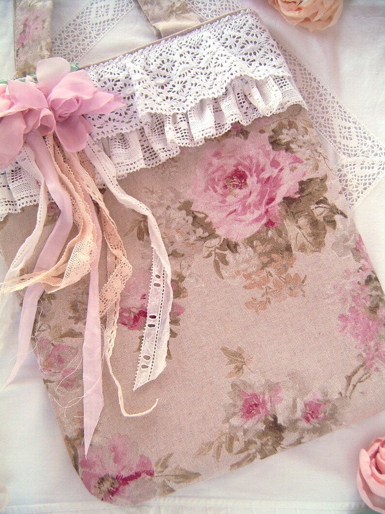 Shabby Chic Pink Roses Tote Bag With Beautiful Vintage Lace and Rose - Etsy