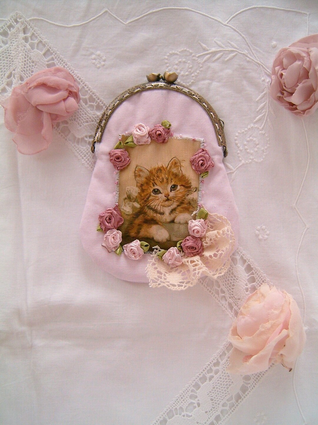 Purse, Vintage Pink Coin Purse, Cat Coin Purse, Cat Rose Wallet ...