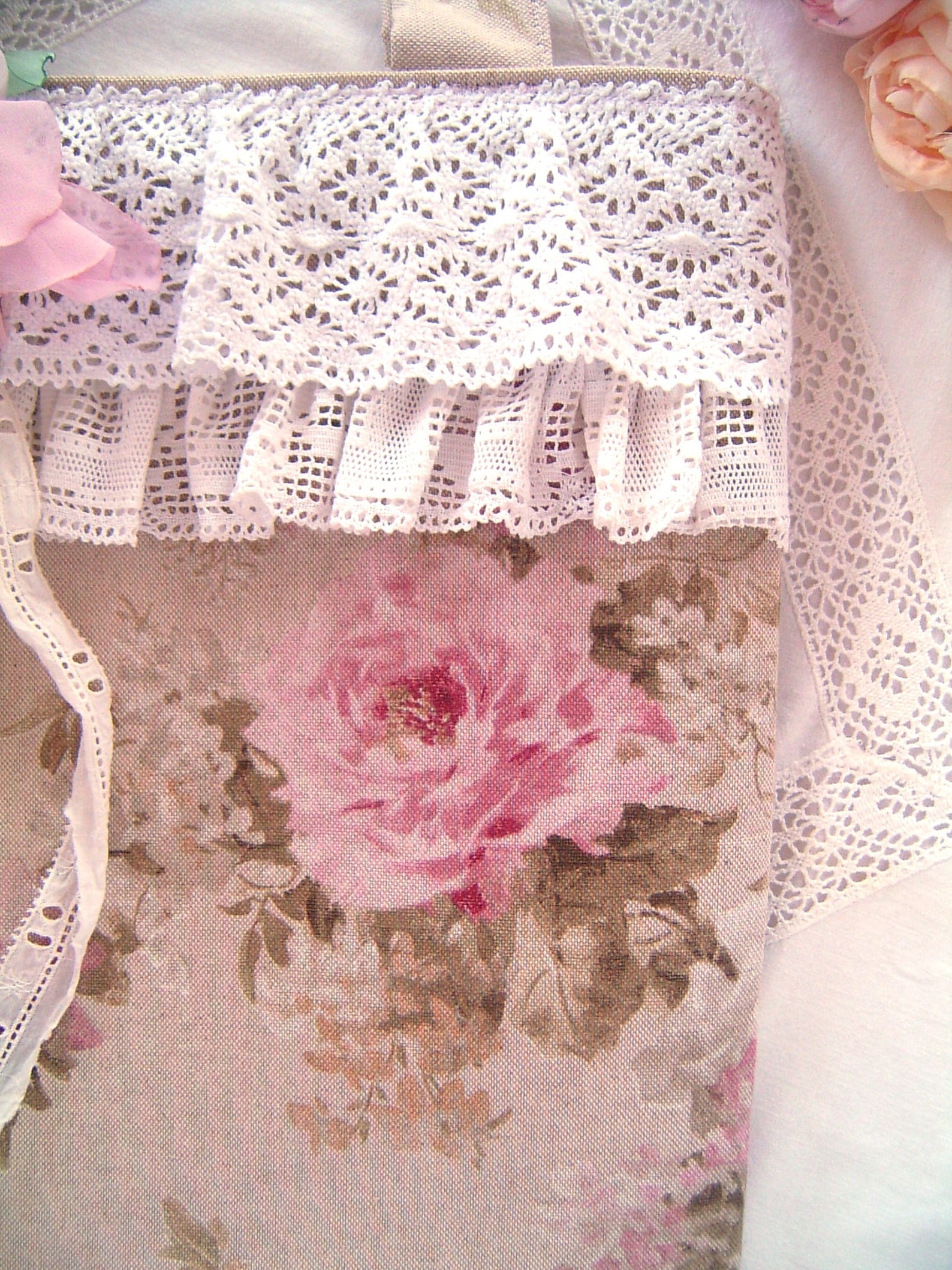 Shabby Chic Pink Roses Tote Bag With Beautiful Vintage Lace and Rose - Etsy