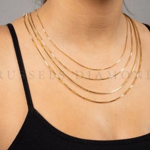 14K Solid Yellow Gold Box Chain Necklace, 0.9MM 1.1MM 1.4MM 1.7MM Thick ...