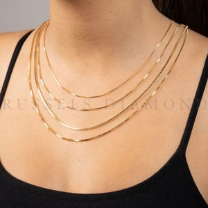 14K Solid Yellow Gold Box Chain Necklace, 0.9MM 1.1MM 1.4MM 1.7MM Thick ...
