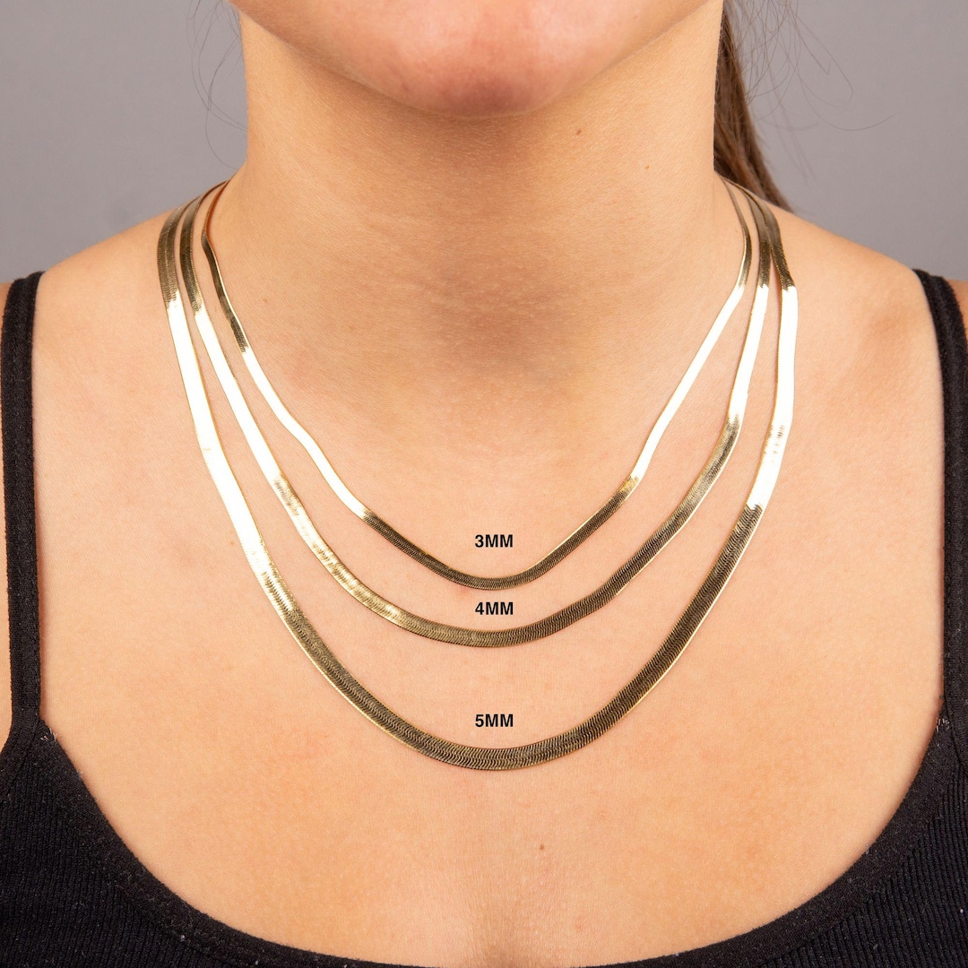 14K SOLID Yellow Gold Necklace Chain, 16" to 24" Inch, 3MM 4MM 5MM Thick, Herringbone Gold Chain ...