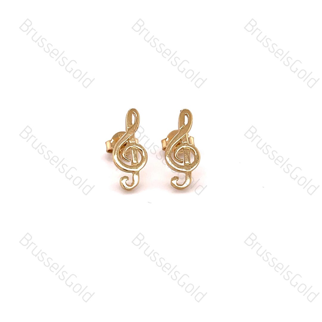 14K Yellow Gold Music Note Stud Earring Set, Treble Clef Earrings, Real ...
