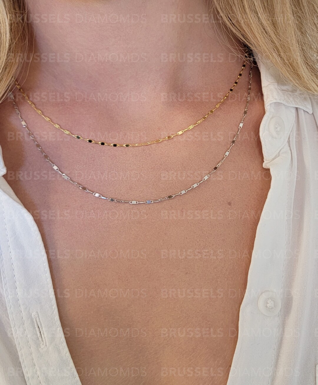 10K Solid Yellow and White Gold Lumina Link Chain Necklace, 1.5MM Thick ...