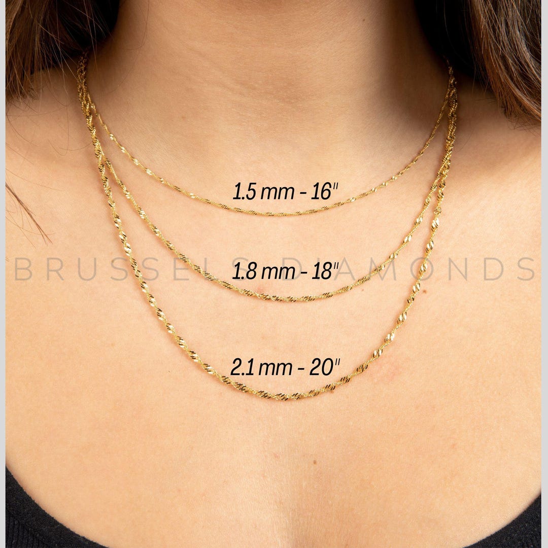 14K Solid Yellow Gold Singapore Chain Necklace, 1.5mm 1.8mm 2.1mm Thick ...