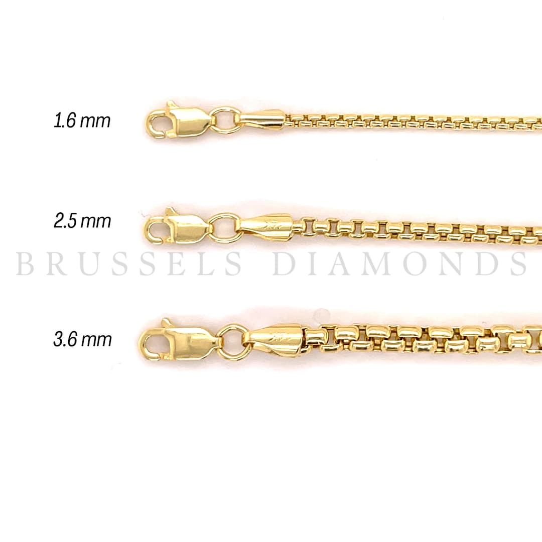 14K Solid Yellow Gold Round Box Chain Necklace, 1.6MM 2.5MM 3.6MM Thick ...