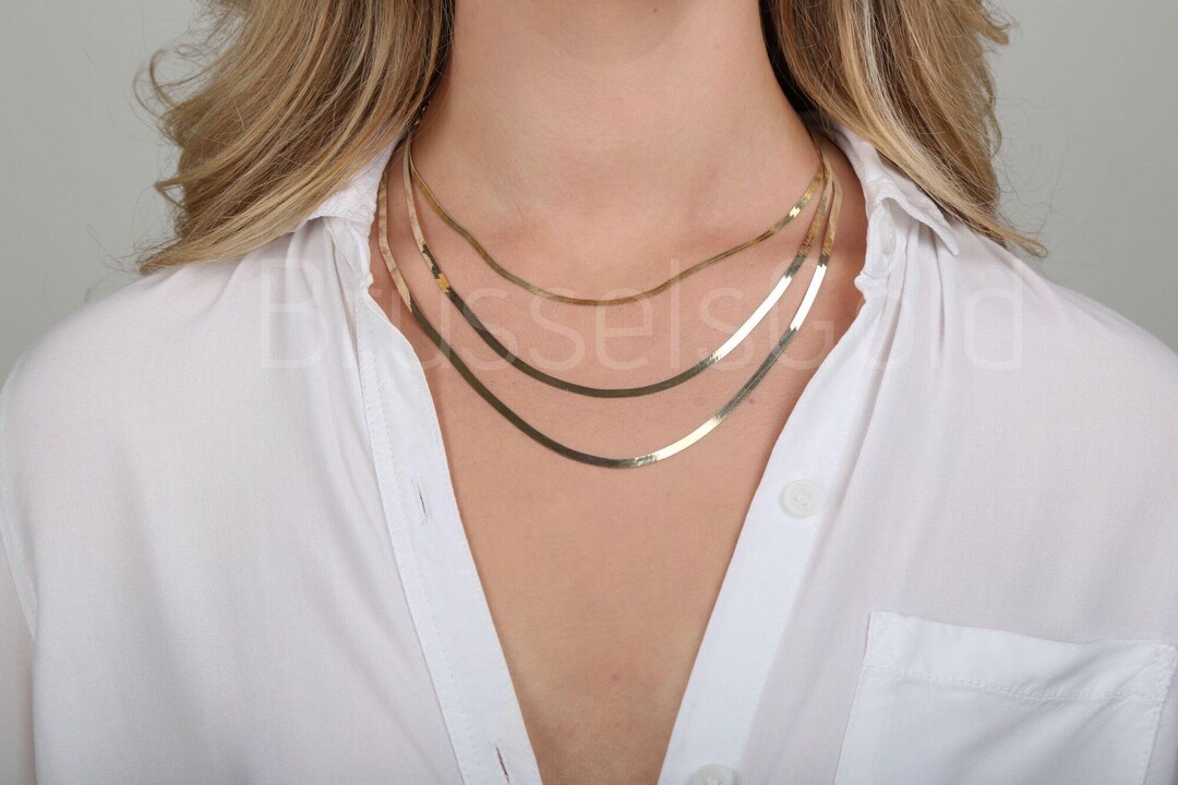 10K Real Gold Herringbone Chain Necklace, Gold Snake Chain Necklace ...