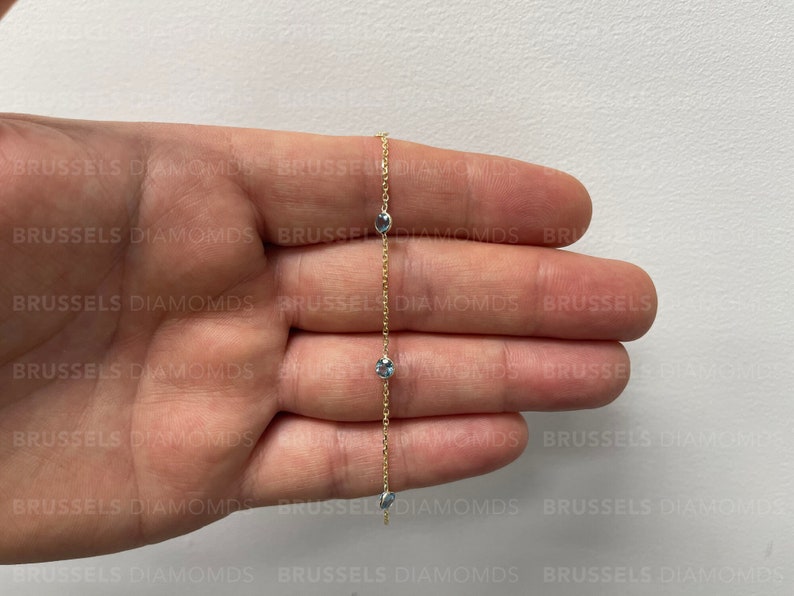 14K Solid Yellow Gold Blue Topaz by the Yard Anklet Chain, 10