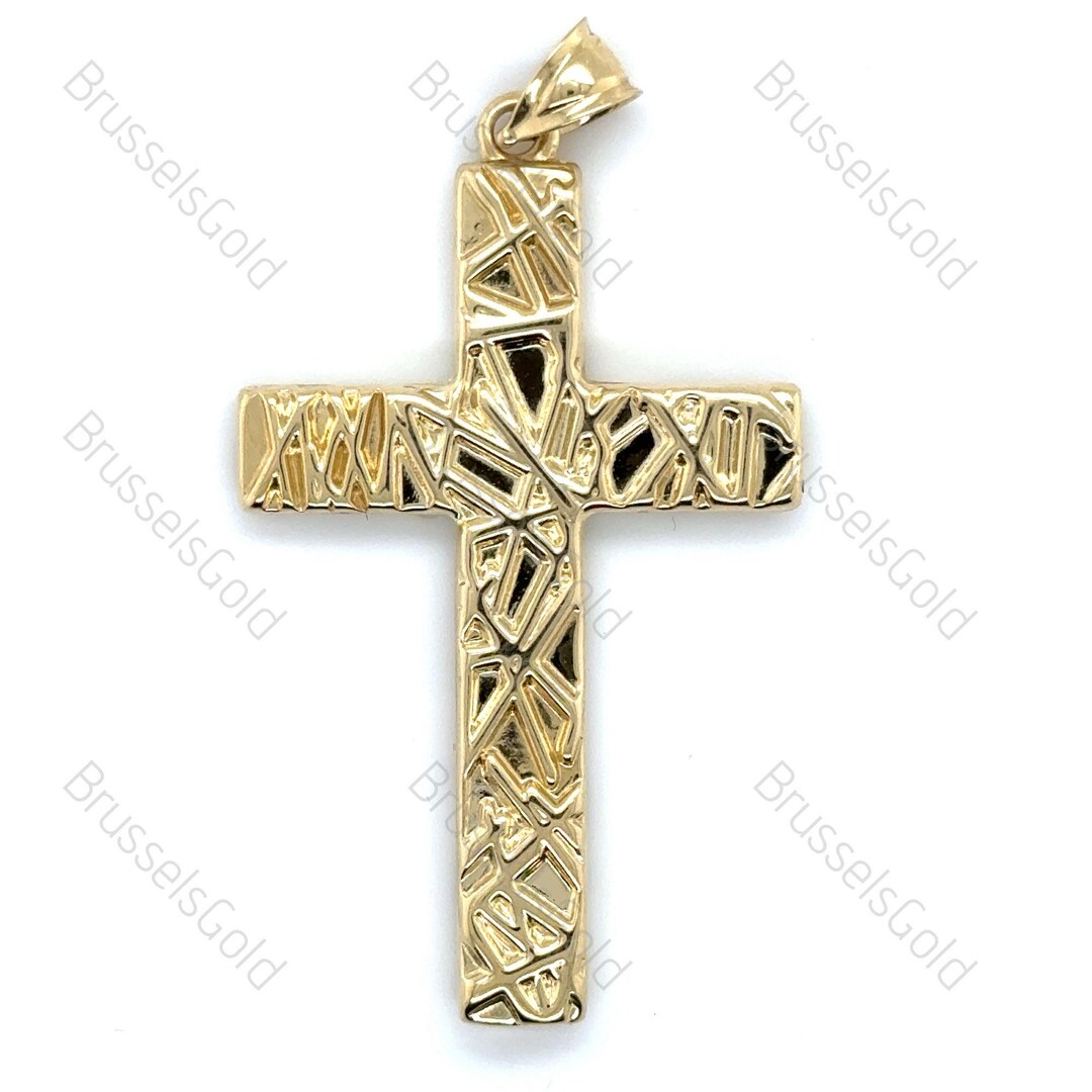 14K Real Yellow Gold Cross Pendant, 49 X 27 Mm, Real Gold Textured ...