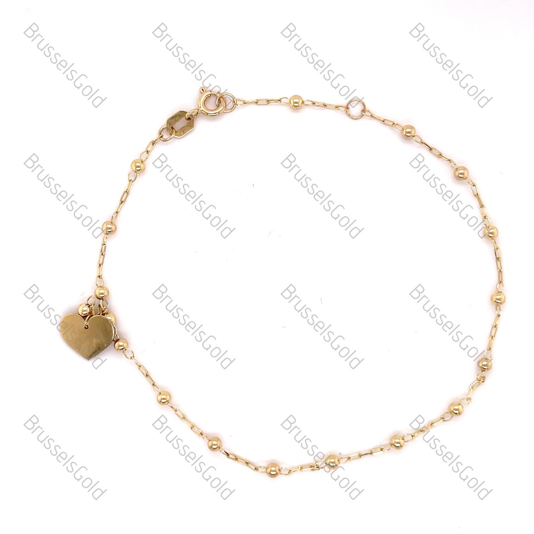 14K SOLID Yellow Gold Bead Station Anklet Chain With Dangle Heart, 10 ...