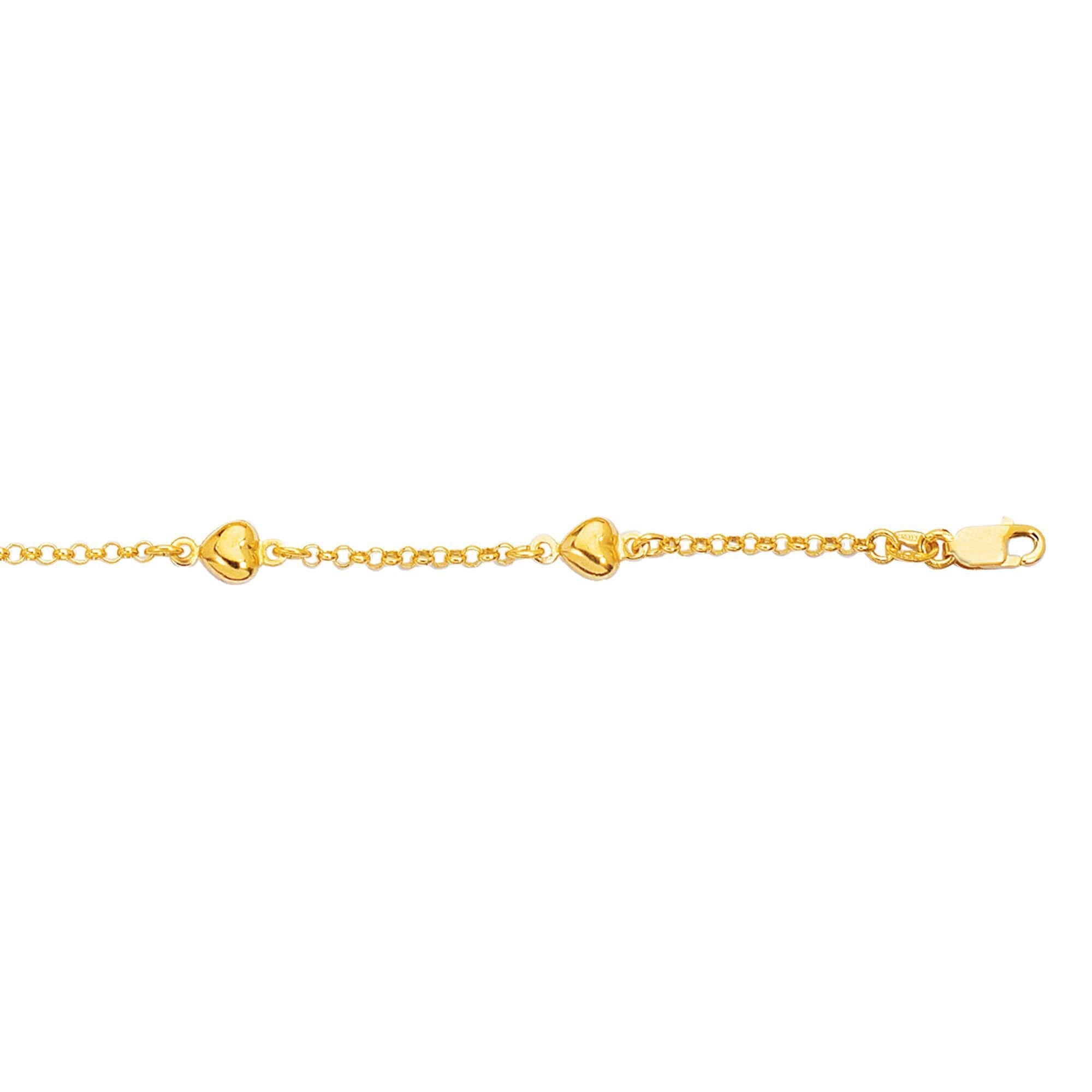 14K Solid Yellow Gold Puffed Heart Station Anklet Chain, 10