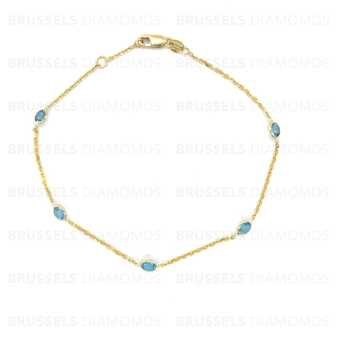 14K Solid Yellow Gold Blue Topaz by the Yard Anklet Chain, 10