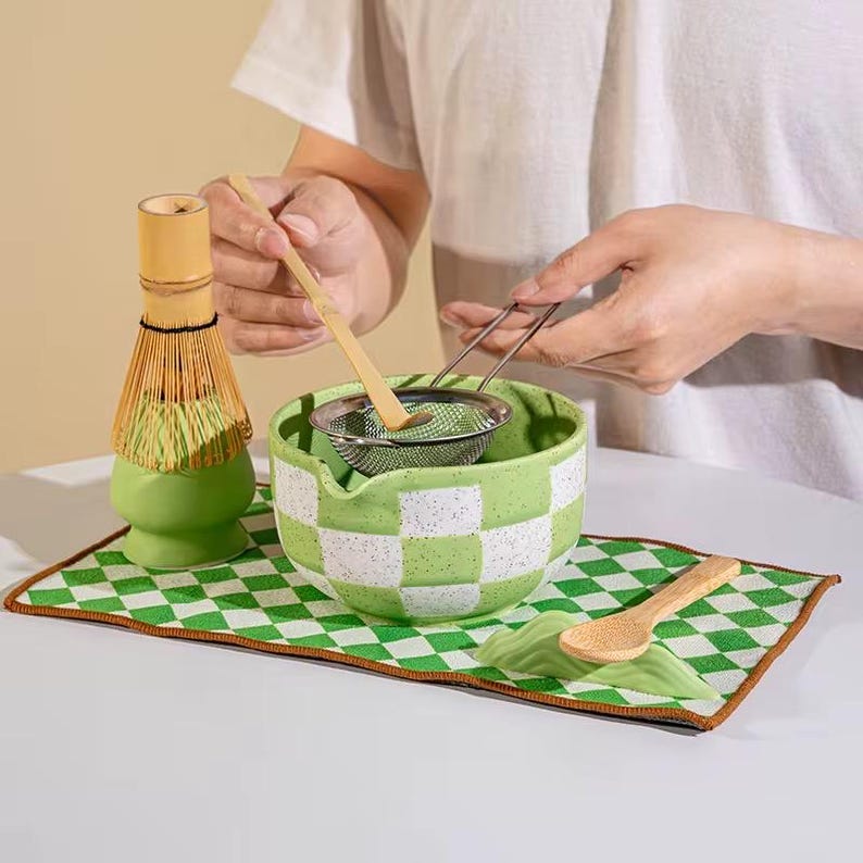 Matcha Tea Set • Checkerboard Ceramic Bowl With Bamboo Whisk - Etsy
