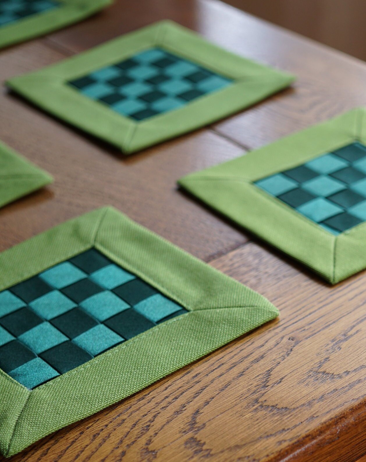 Dazzling Ribbon Woven Coasters in Deep Shiny Green With Thick Linen ...