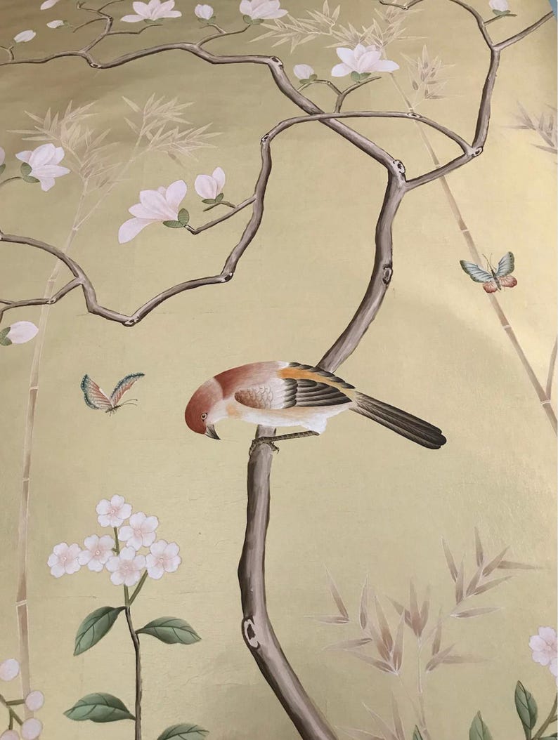 Birds Awakening Garden on Gold Metallic Leaf - Etsy