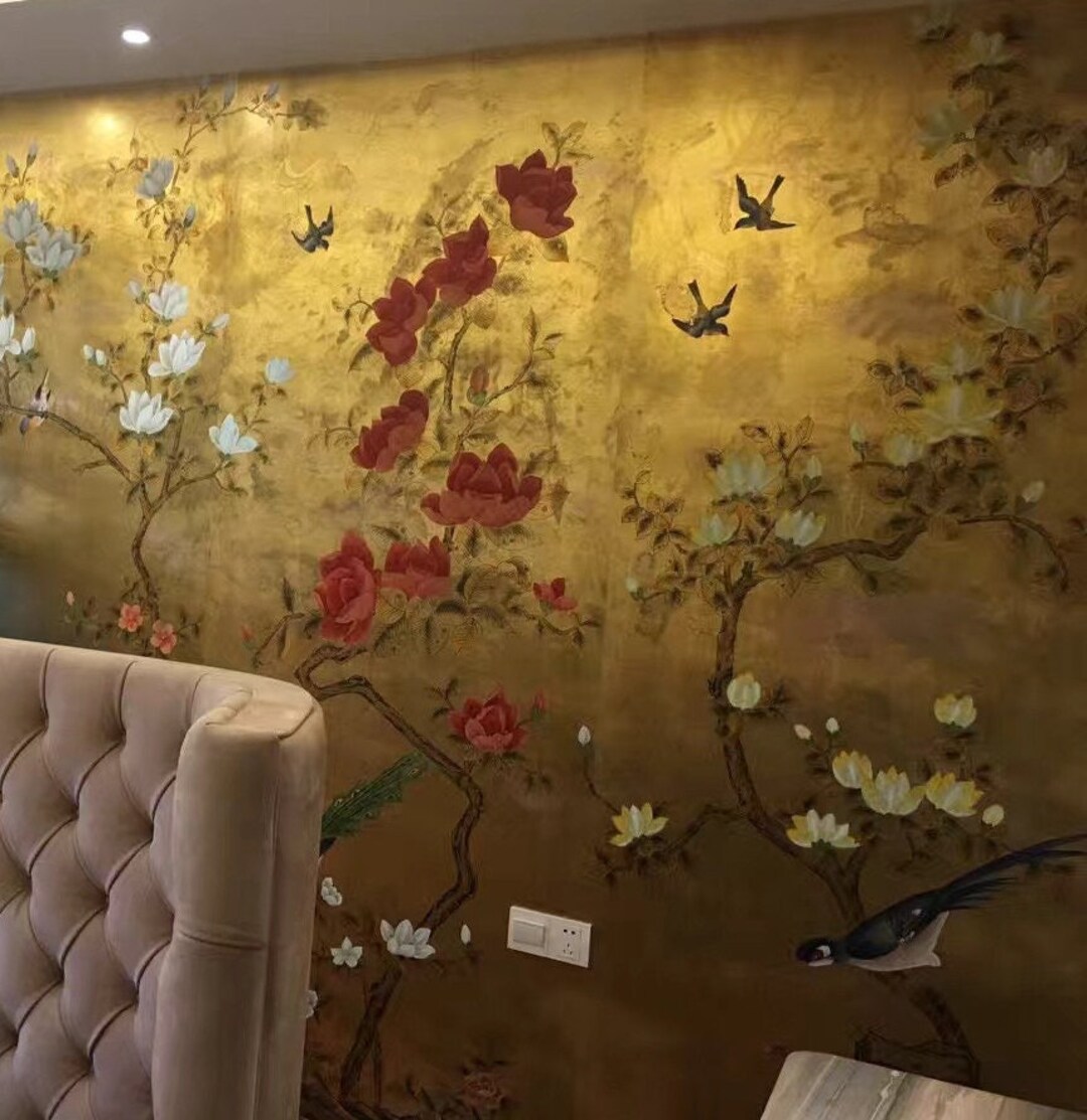 Japanese Garden Hand Painted Wallpapers on Antiqued Gold Metallic 36x96 ...