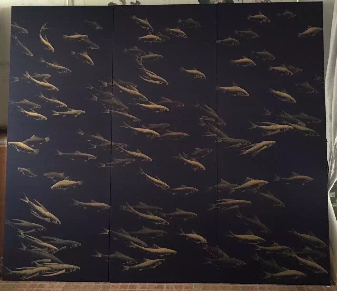 36 X 96, Sea Fish, Fish and Turtle, Handpainted on Imperial Blue Silk ...