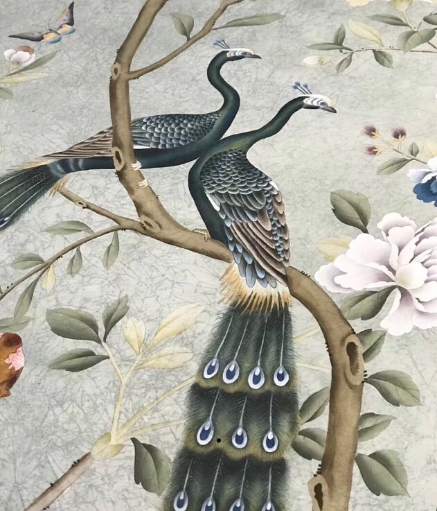 Peacock Chinoiserie Wallpaper Hand Painted Wallpaper on EDO Silk ...