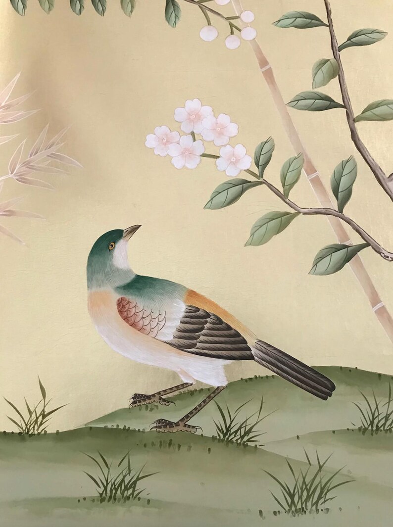 Birds Awakening Garden on Gold Metallic Leaf - Etsy