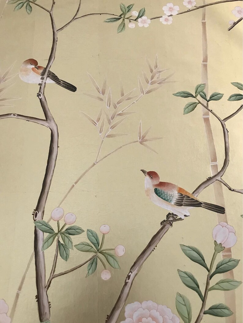 Birds Awakening Garden on Gold Metallic Leaf - Etsy