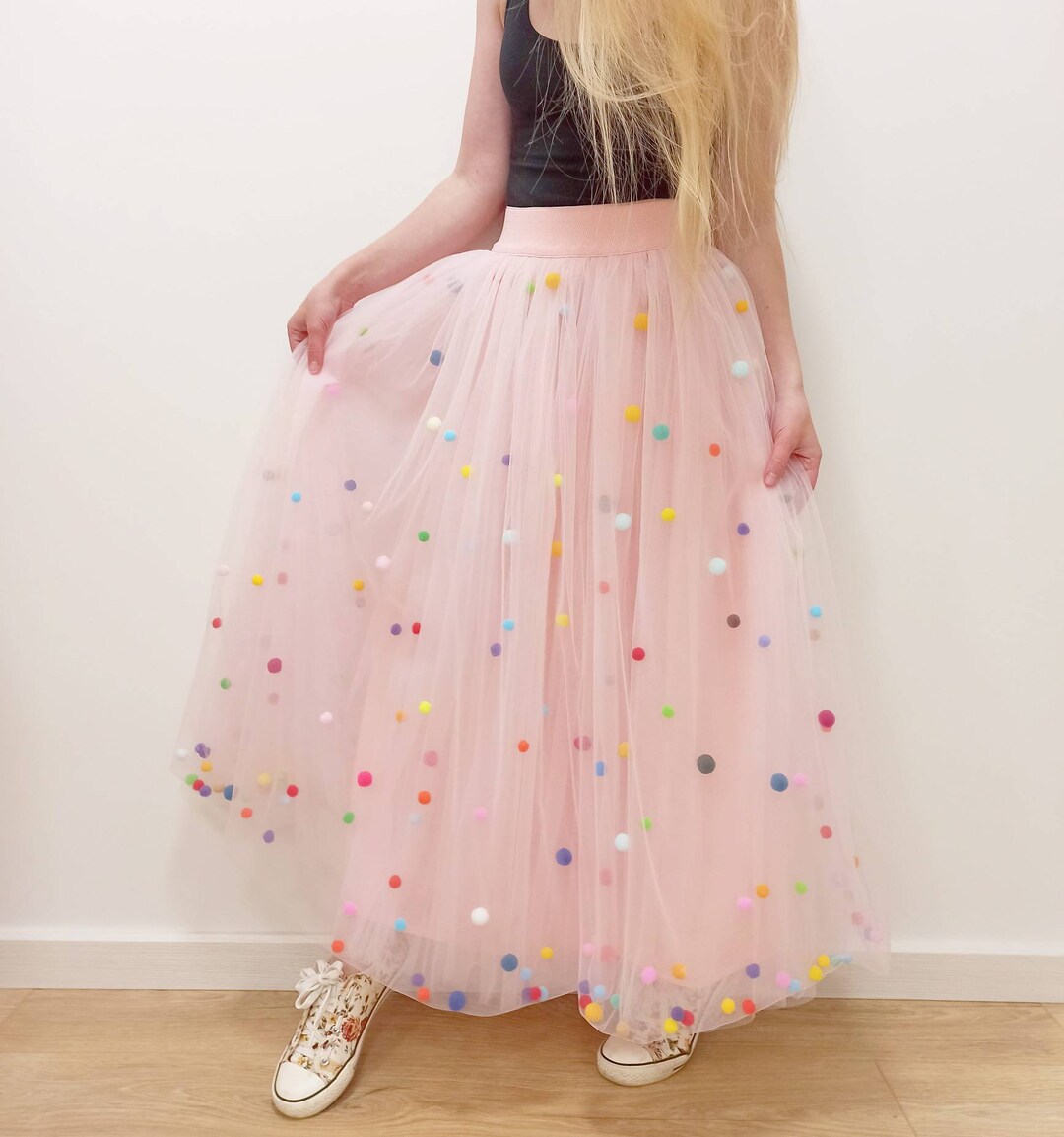 Rose Fluffy Tulle Skirt Pink Tutu Woman Skirt With Pom Poms Full Tulle ...