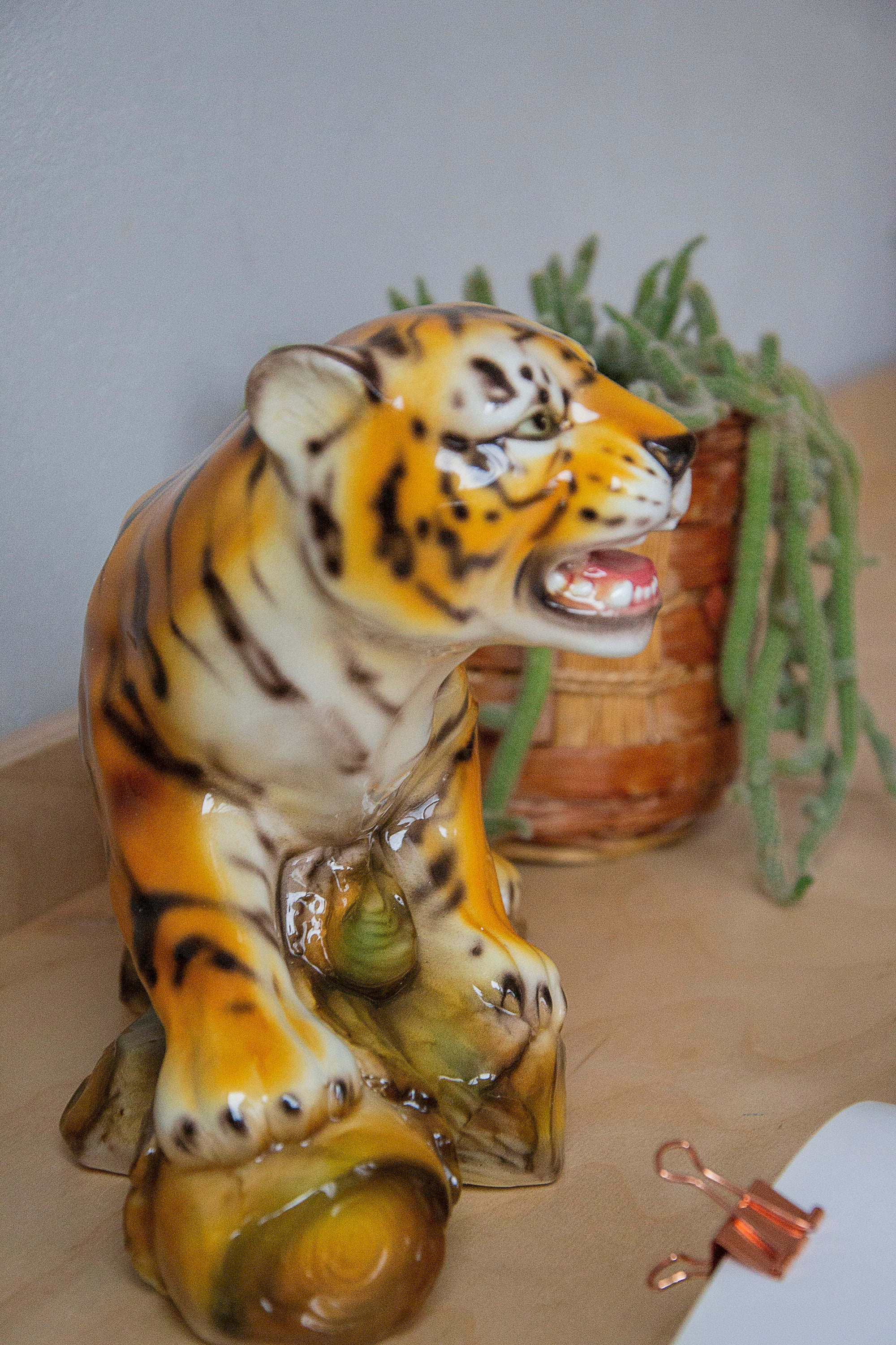 Ceramic Glazed Tiger on Trunk Small Hand Painted Made in - Etsy