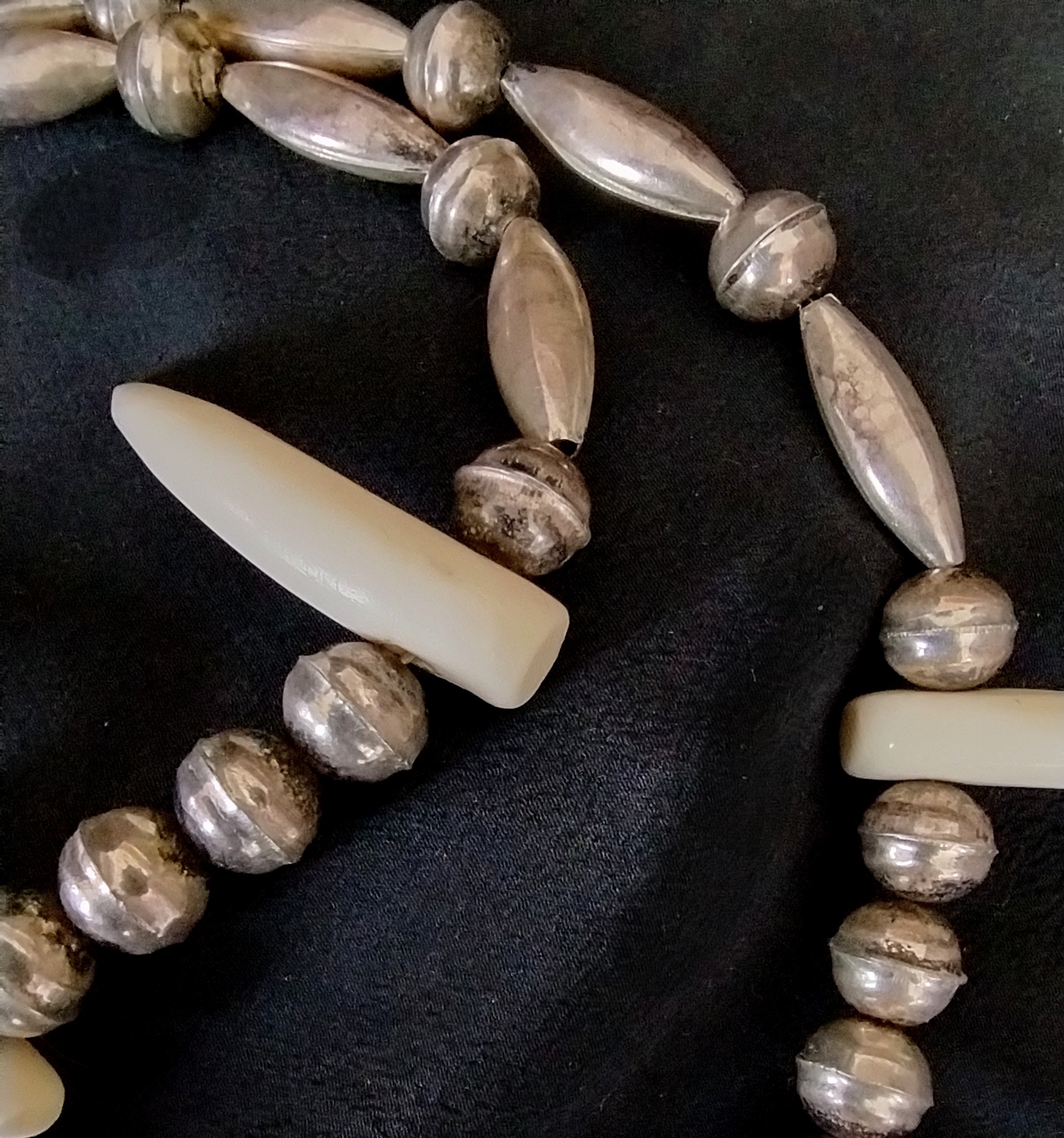 NAVAJO BENCH BEADS Necklace, Sterling Silver, Tribal Kachina Yei, Bone ...