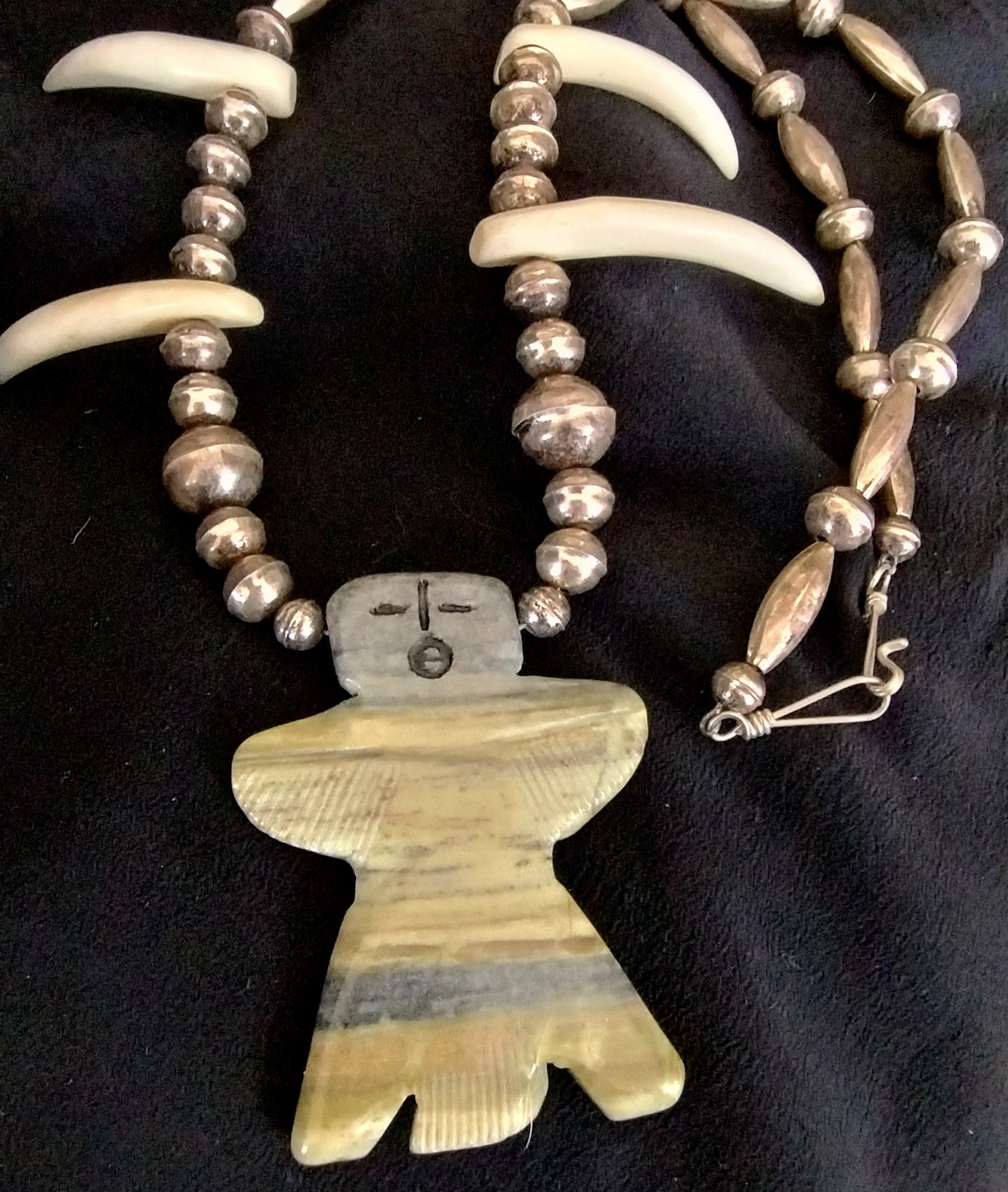 NAVAJO BENCH BEADS Necklace, Sterling Silver, Tribal Kachina Yei, Bone ...