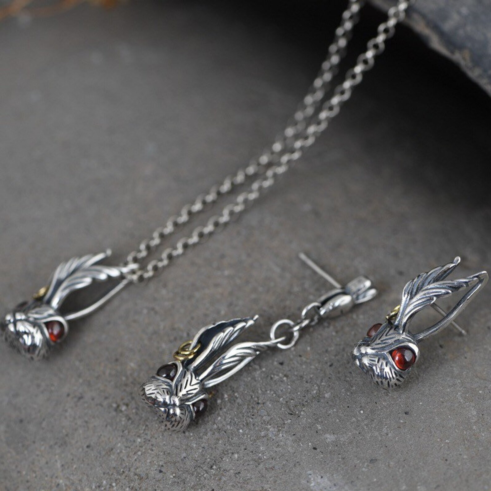 Sterling Silver Rabbit Pendant Asymmetric Rabbit Earrings | Etsy