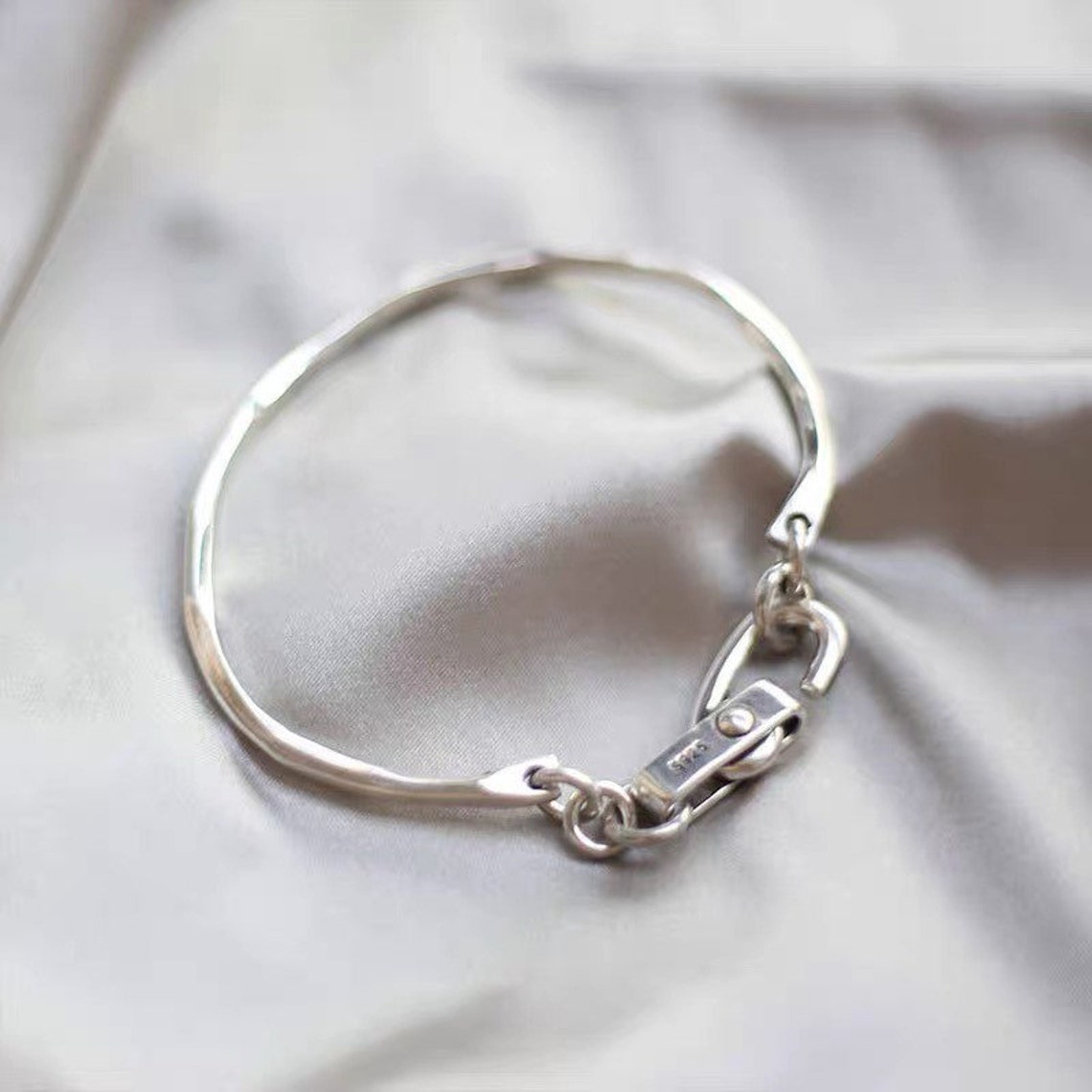 Sterling Silver Chain Bangle Hammered Bangleopen Bangle - Etsy