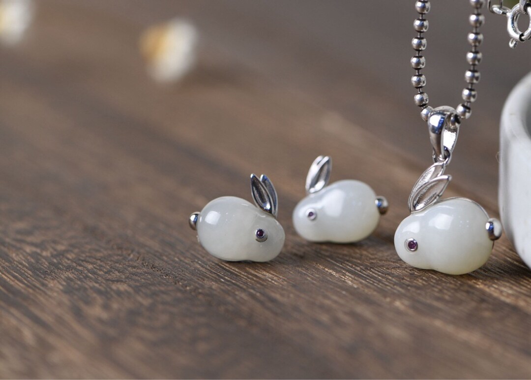 Jade Rabbit Pendant Cute Rabbit Stud Earrings Sterling - Etsy