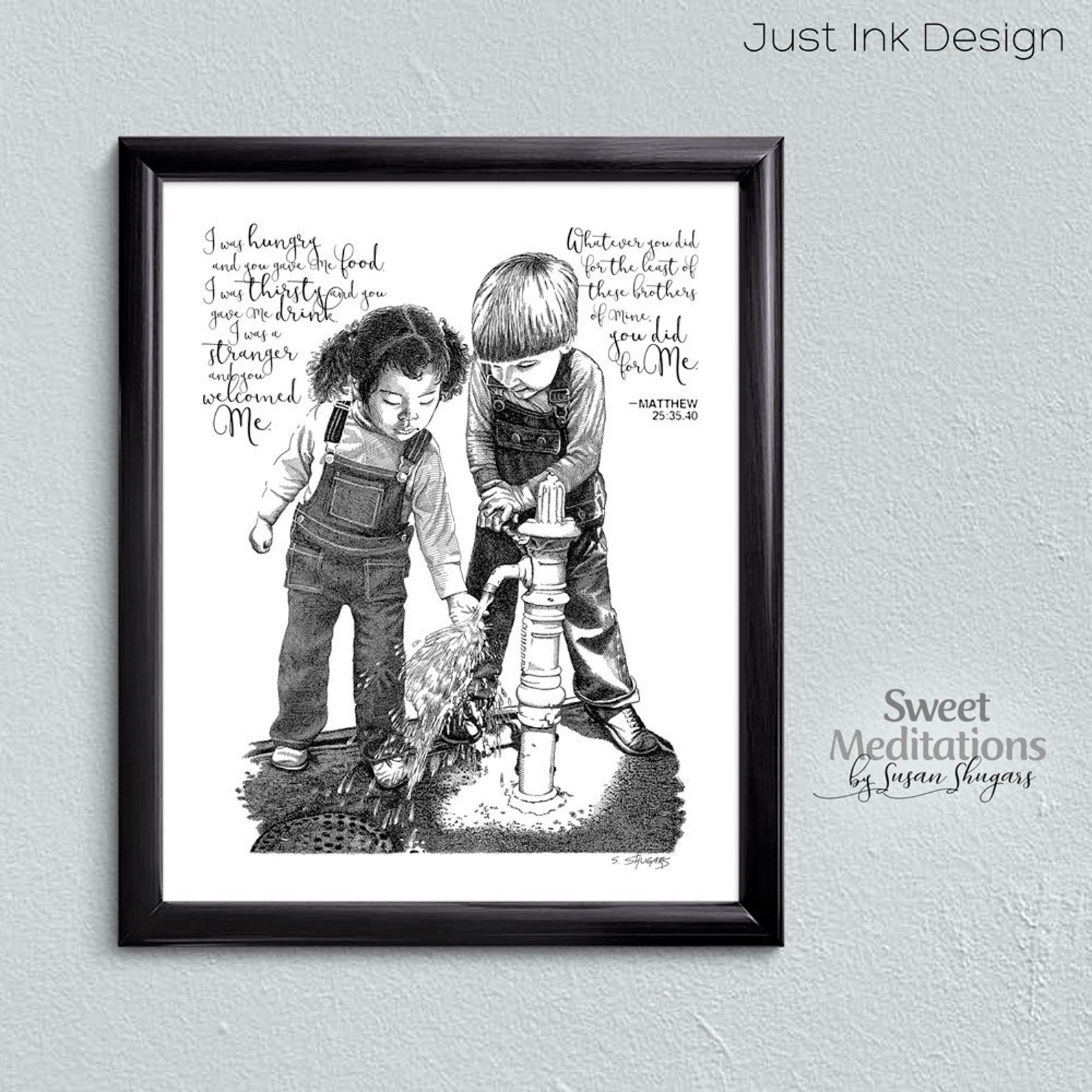 Pen & Ink Drawing, “A Little Help,” Children Illustration, Bible Verse ...