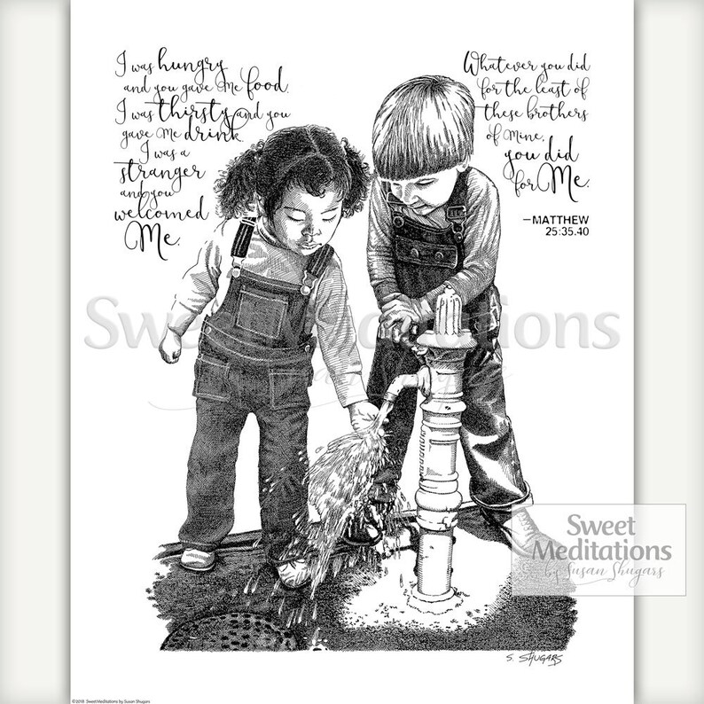 Pen & Ink Drawing, “A Little Help,” Children Illustration, Bible Verse ...