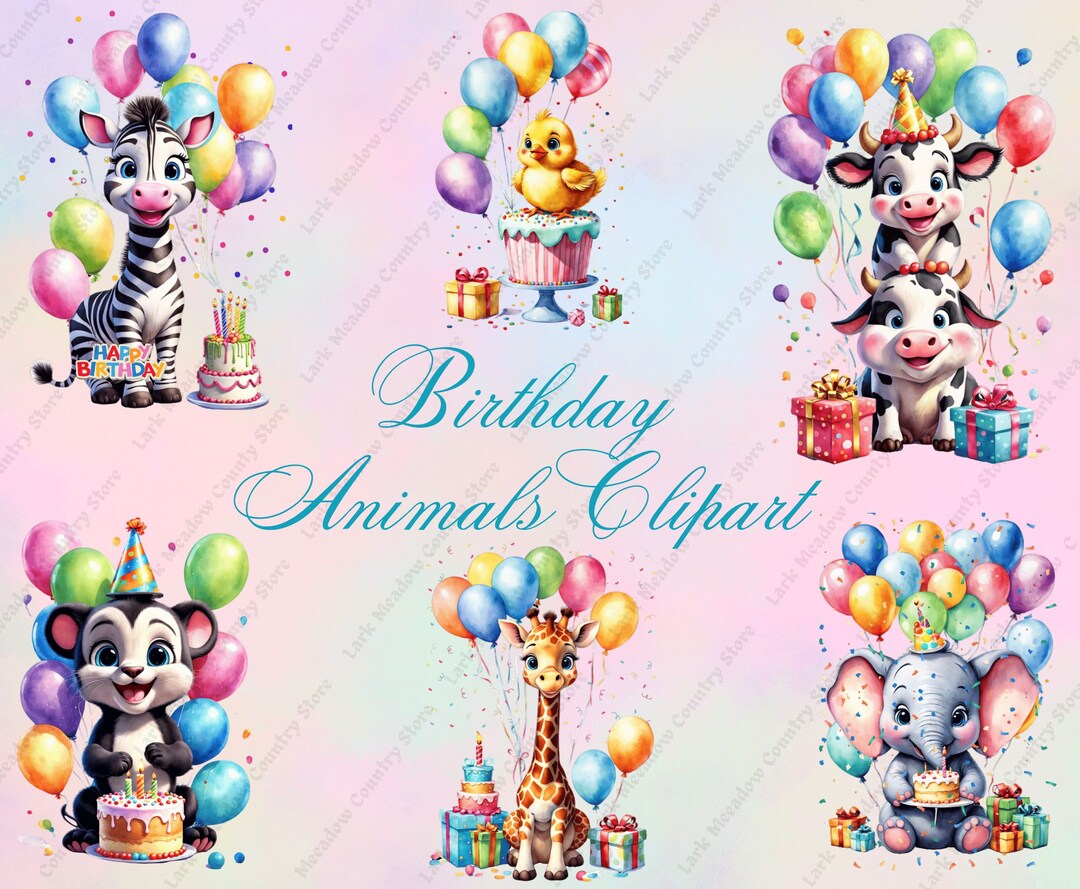 Birthday Animals Clipart, Birthday Party, Baby Animals, Watercolor ...