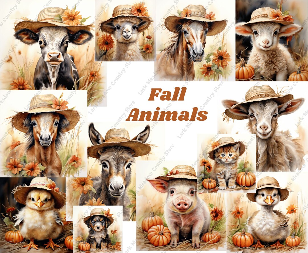 Watercolor Farm Fall Animals, Fall Animal Images, Animals With Hats ...