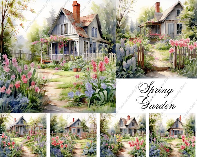 Watercolor Spring Garden, House Spring Garden, Country Spring Flowers ...