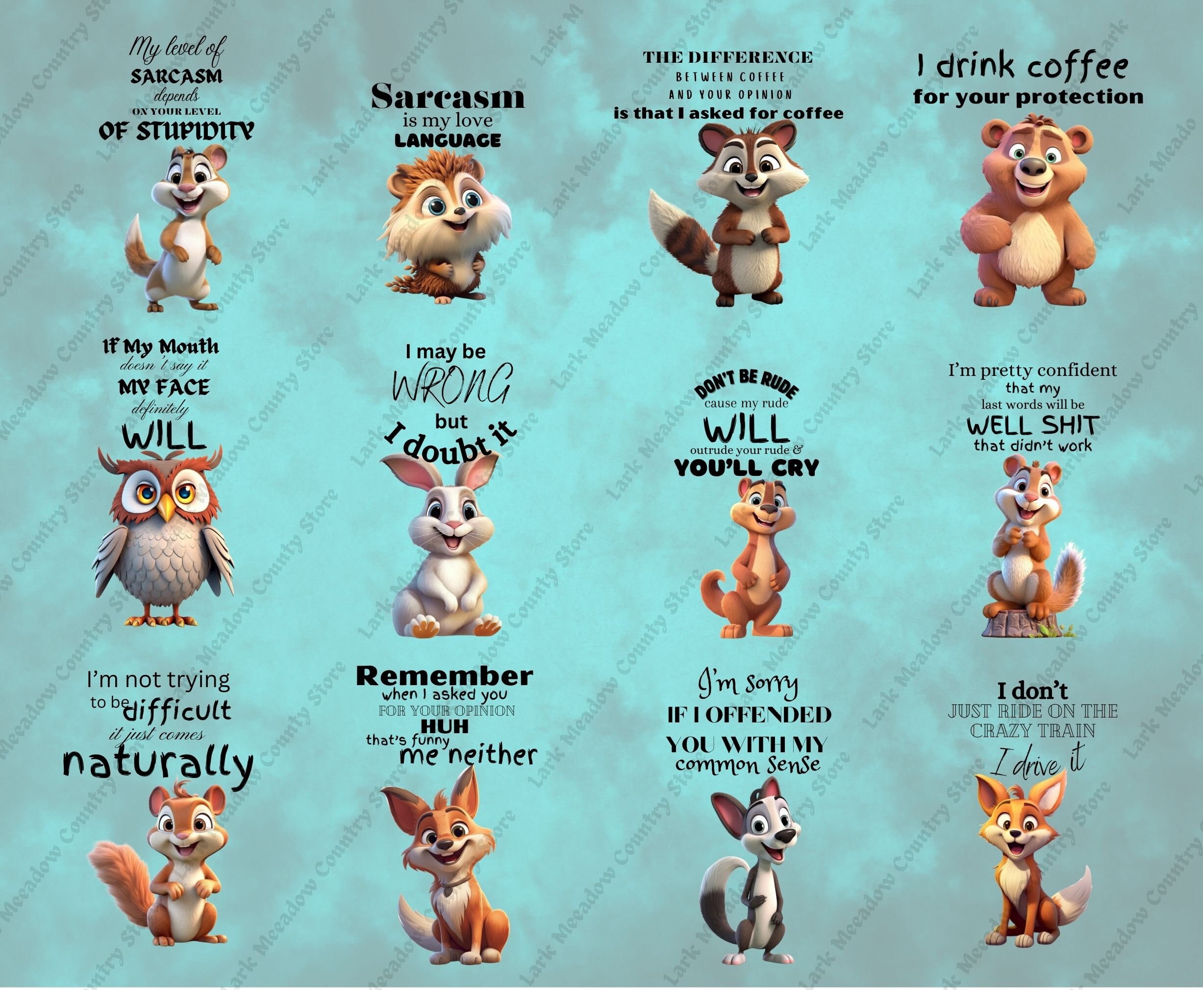 Funny and Cute Sarcastic Animals, Commercial Use, Clipart PNG Bundle 32 ...
