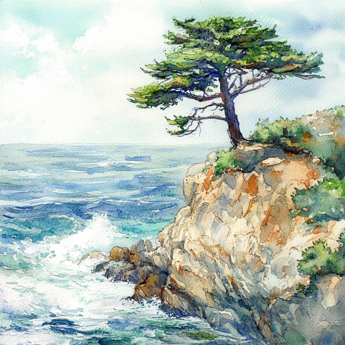 10 Printable California Coast Landscape, Watercolor Cypress Tree on ...