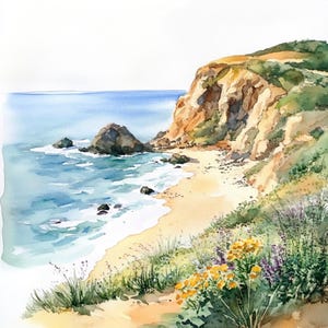10 Printable California Coast Landscape, Watercolor Ocean Seascape ...